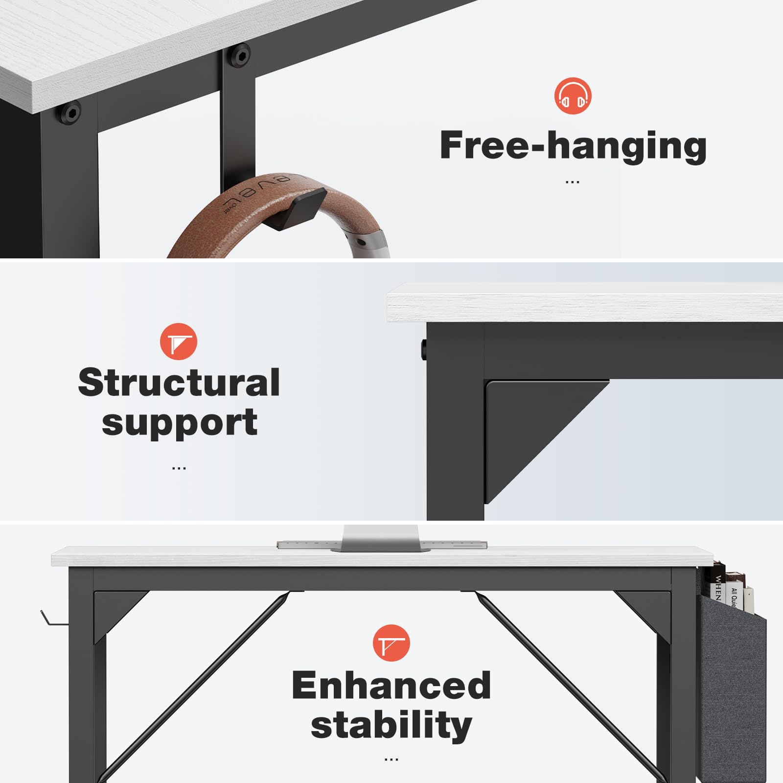 OLIXIS Computer Small Desk 32 Inch Home Office Writing Study Work Storage Bag Headphone Hooks Simple Modern Wood Kids Student Table, Basic White