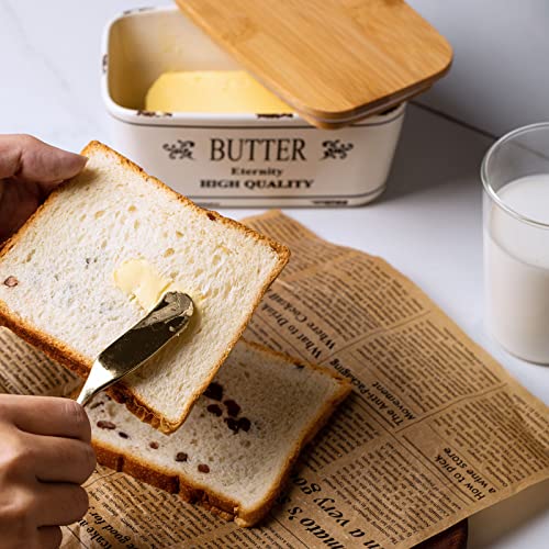 Hasense Farmhouse Butter Dish with Lid for Countertop, Butter Keeper & Holder, Large Butter Container for Fridge with Bamboo Freshness Seal, Enhance Kitchen Decor, Holds Two Sticks of Butter, White
