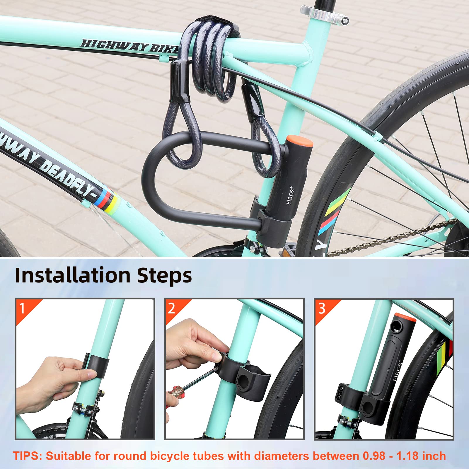 FIROS Anti-Theft Bike U Lock, Heavy Duty, 16mm, Black, 5ft Steel Cable, Mounting Bracket, 9.45x6.69in