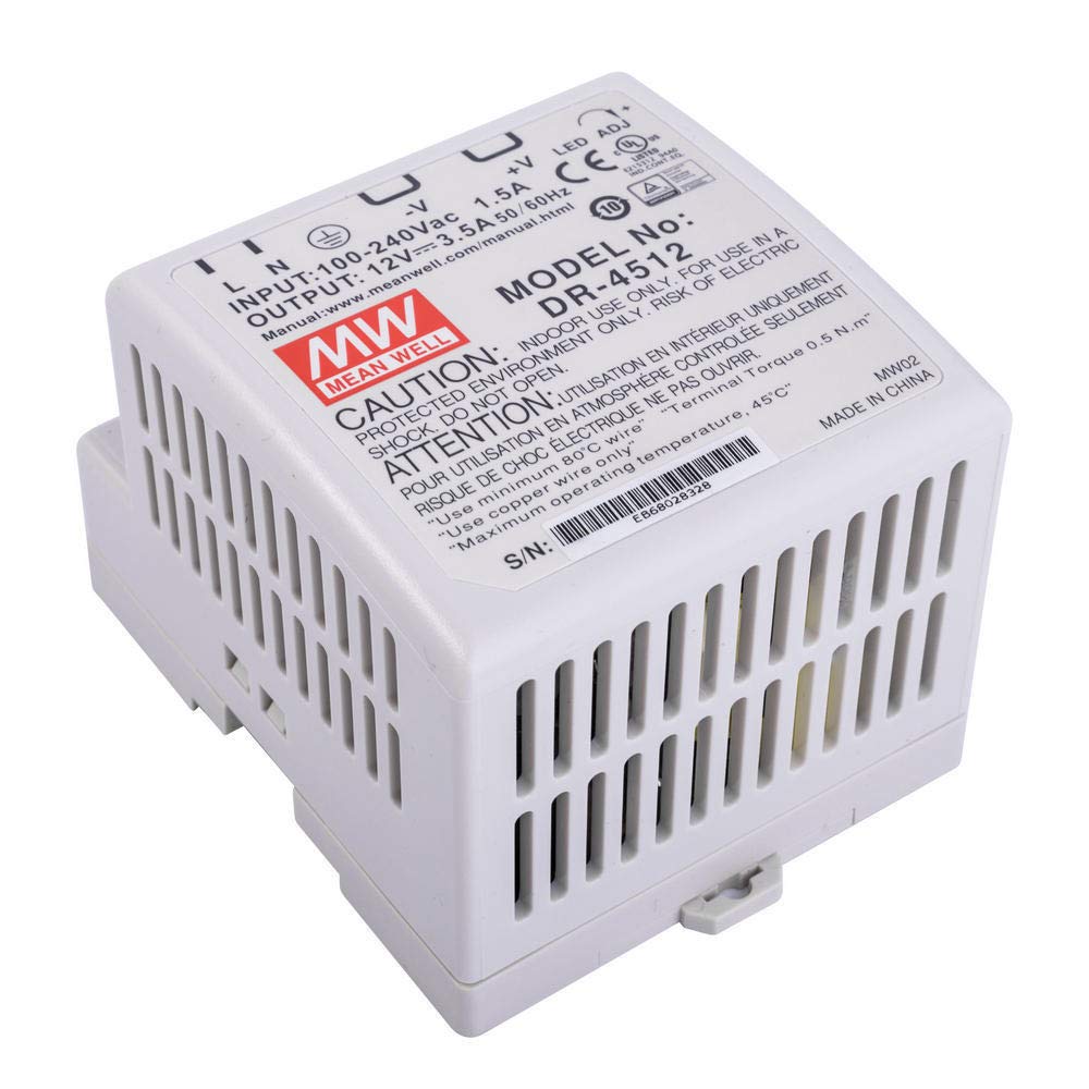 Mean Well DR-4512 Power Supply, DIN, 12 Volt, 3.5 Amp, 42 Watt, 3.0" x 2.6" x 3.6" Size