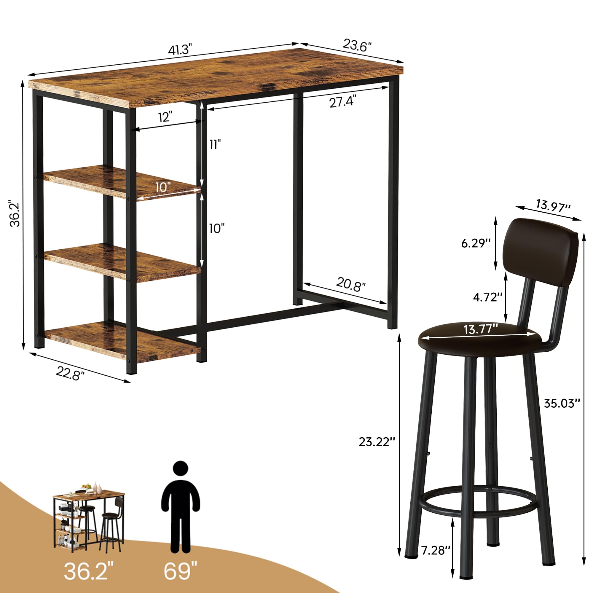 DKLGG Dining Table Set for 2, Counter Height Pub Table with 2 PU Leather Widen Backrest Bar Stools & 3 Storage Shelves, Bar Table and Chairs Set for Small Space Kitchen, Dining Room, Bar, Brown