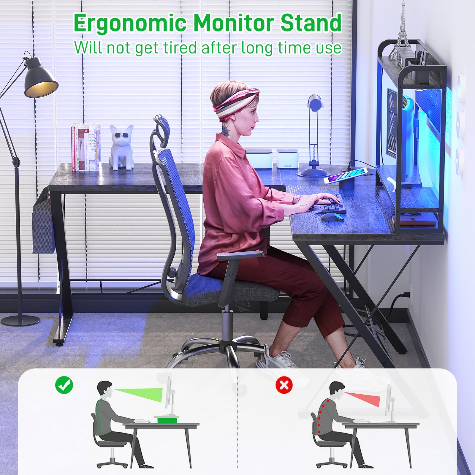 Cyclysio L Shaped Gaming Desk with Hutch, Reversible L-Shaped Desk with LED Lights and Power Outlets, Corner Gaming Desk Computer Desk with Storage Shelves & Storage Bag, Home Office Desk, Black