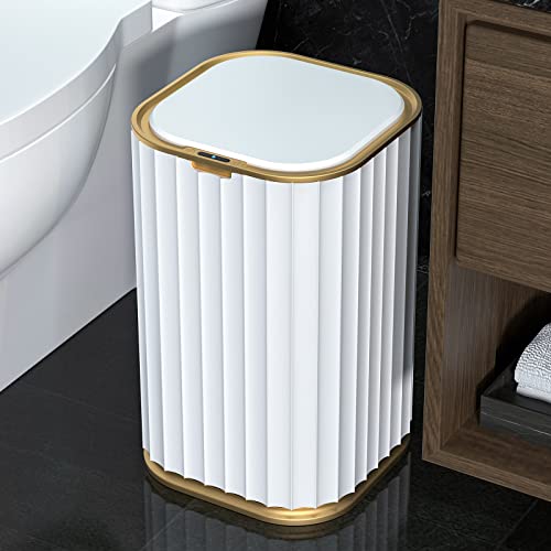 MOPALL 3.5 Gallon Automatic Trash Can,Waterproof Slim Touchless Bathroom Garbage Can with a Lid(White with Gold Trim)