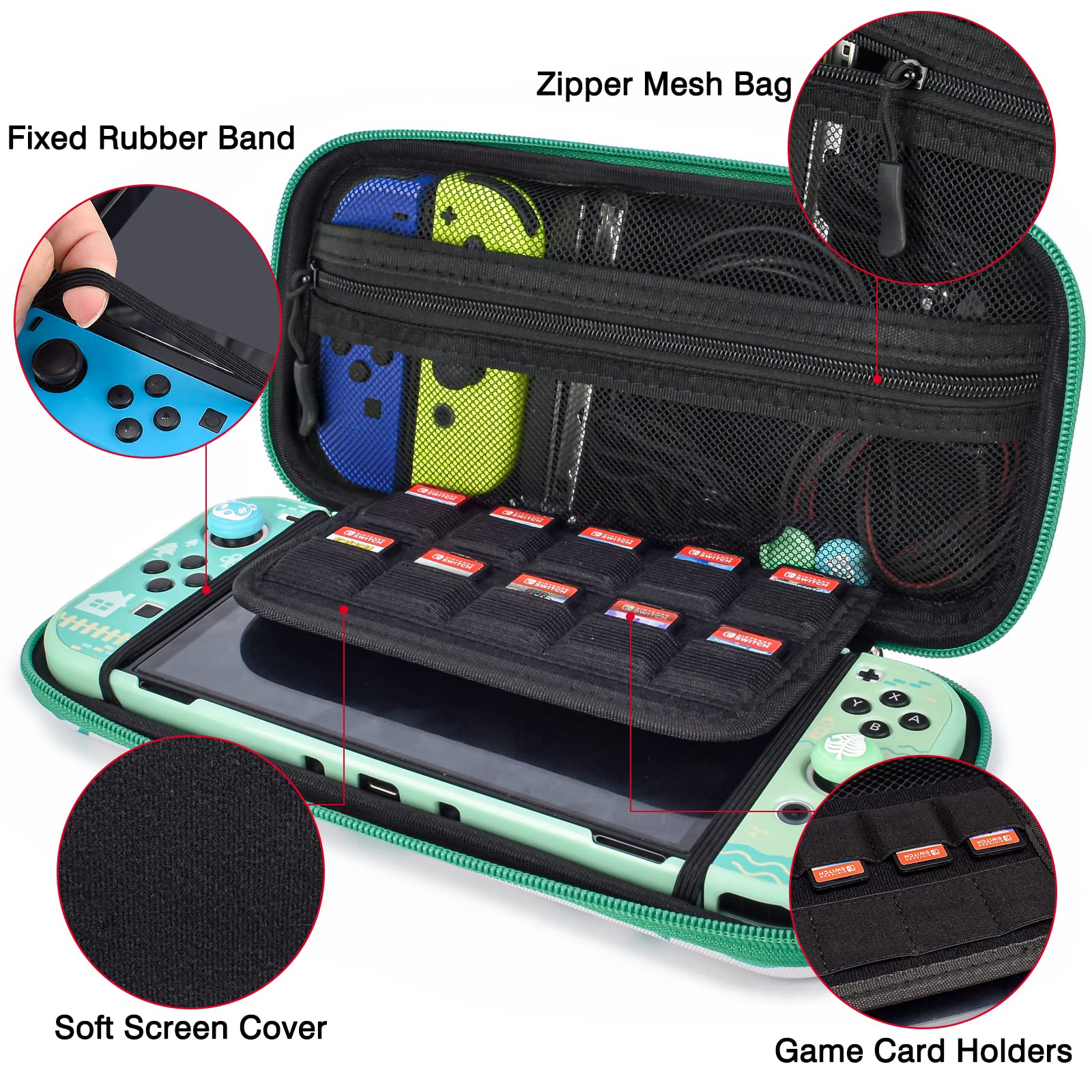 DLseego Animal Crossing Switch/Switch OLED Carrying Case Protective Hard Shell 10 Game Card Slots Slim Travel Storage Bag Switch/Switch OLED Accessories with 4PCS New Leaf Thumb Grips Caps