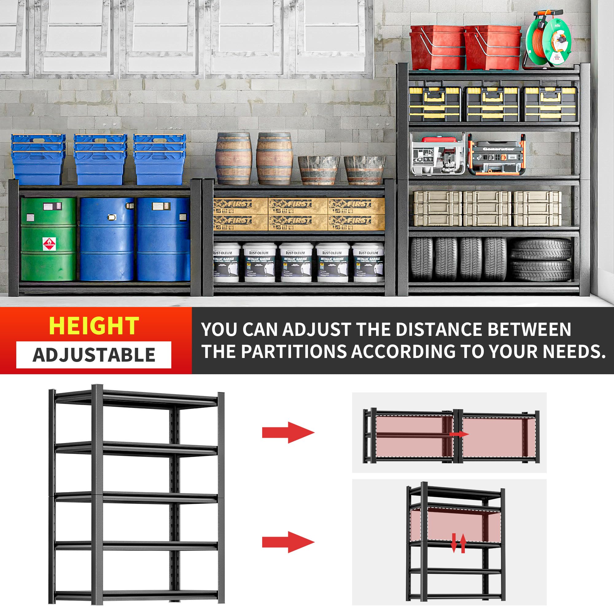 OLLRRACT Storage Shelves Garage Shelving Heavy Duty - 72''H Garage Shelves Adjustable 5 Tier Metal Shelving Unit Storage Rack Shelving Industrial Utility Shelf 16" D x36 W x72 H(2 Pieces)