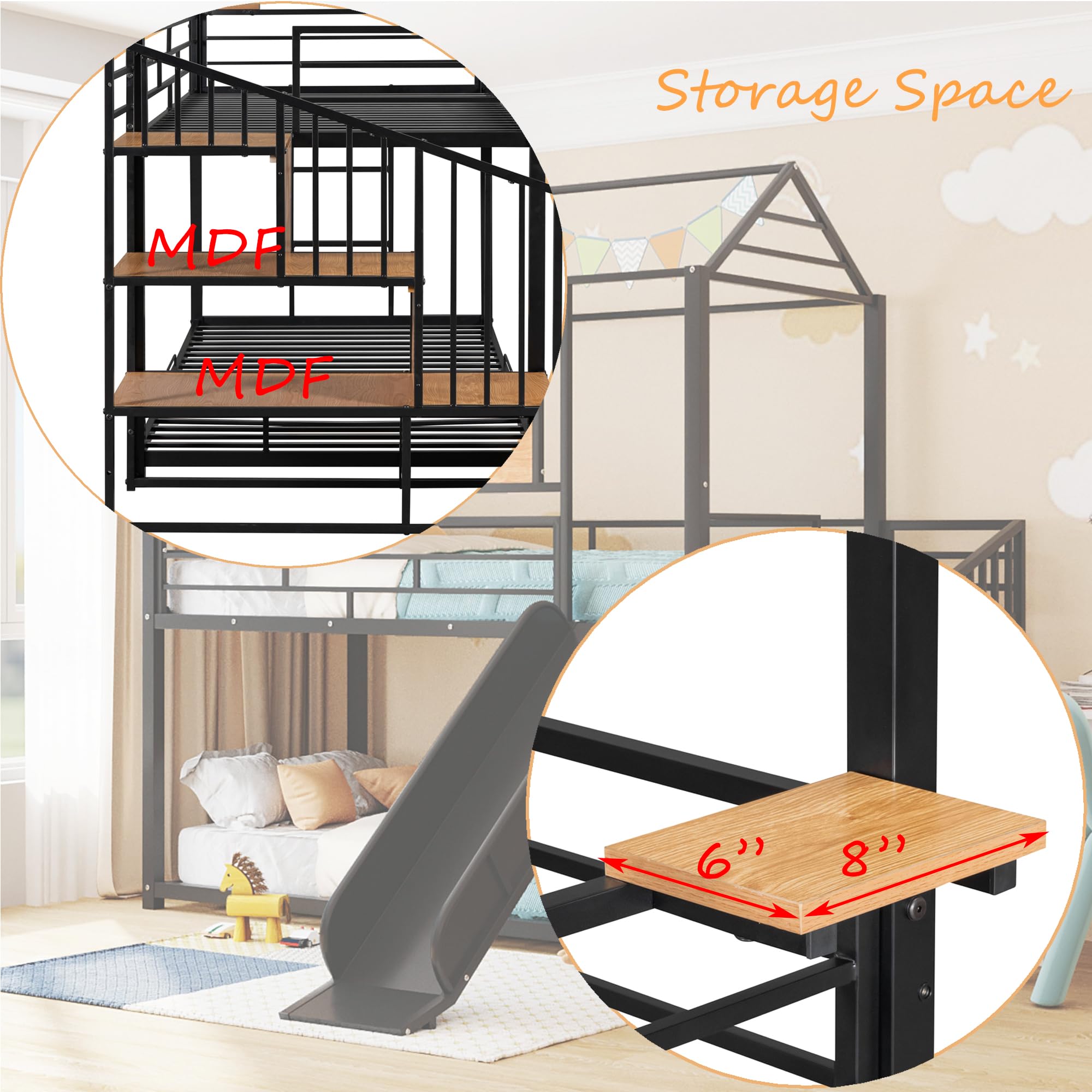 Twin Over Twin Bunk Bed with Slide, House Floor Bunk Bed with Storage Stairs and Shelves, Twin Bunk Beds for Kids, Girls, Boys, Black Bunk Bed Twin Size