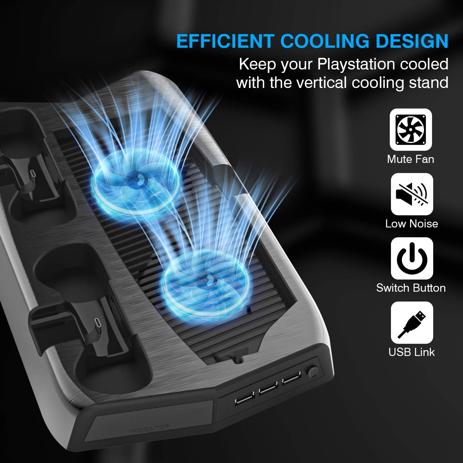 DLseego Charging Stand for PS5 with Cooling Fan, Multi-Function Charger Station with 2 Controller Charging Docks, LED Indicators, 3 USB Ports and Retractable Game Storage Bracket