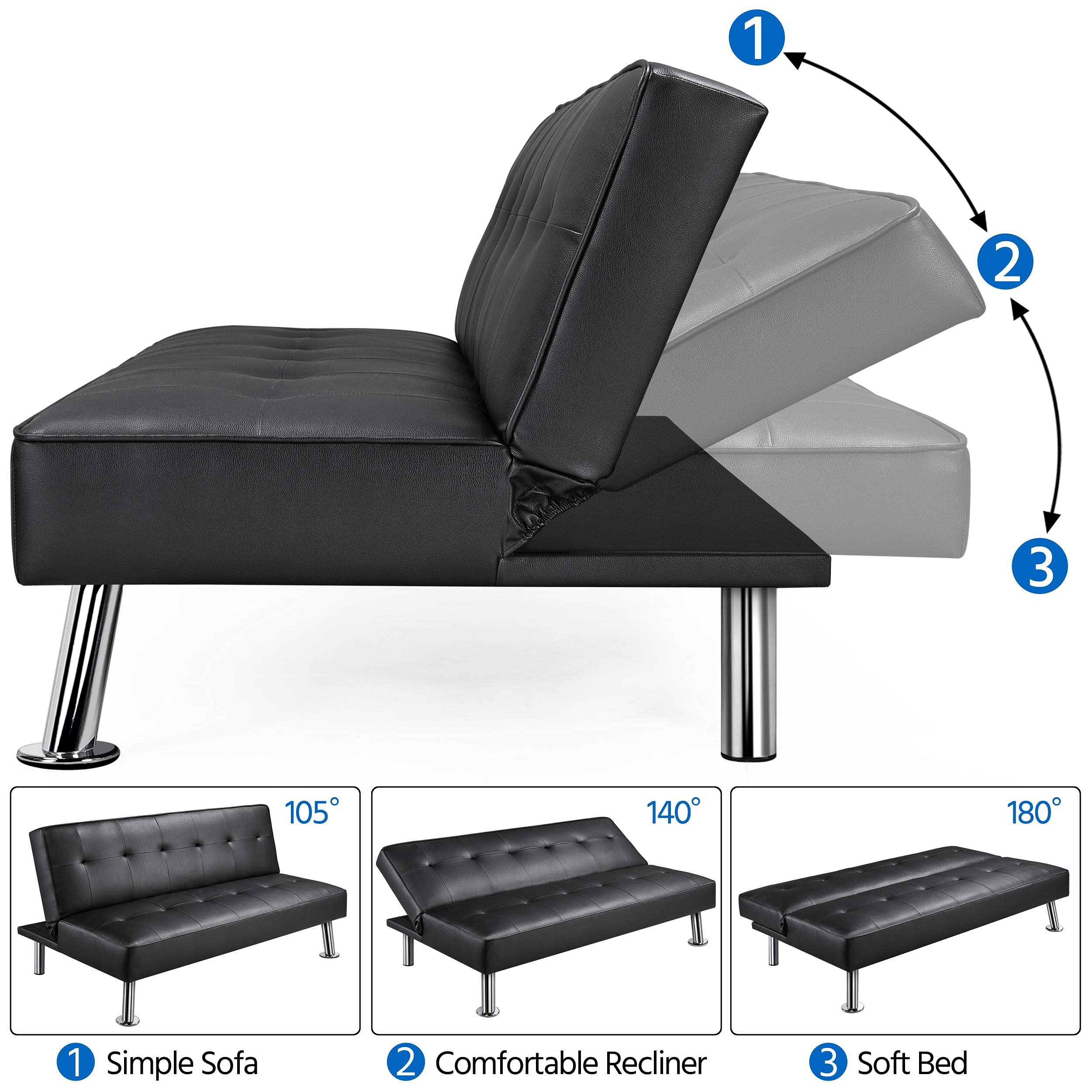 Topeakmart Tufted Faux Leather Sofa Couch Foldable Sofa Sleeper Bed Black Guest Couch Bed Converts to Recliner and Bed