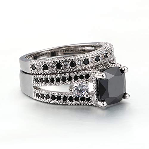 Double Fair White or Black Gold Plated Cushion Cut Black CZ Stone Engagement Promise Anniversary Ring Sets For Women (Silver, 8)
