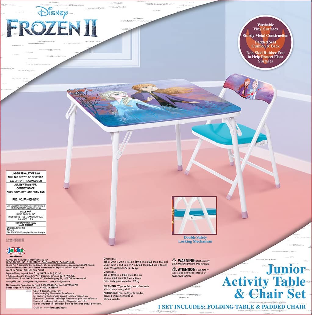 Disney Frozen Activity Table & Chair Set for Toddlers 24-48M, Includes 1 Table & 1 Chair - Sturdy Metal Construction, Table: 20"L x 20"W x 16.4"H, Chair: 12"L x 11.6"W x 17.7"H - Weight Limit: 70 lbs