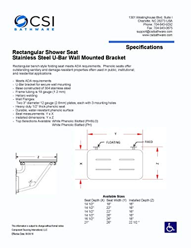 CSI Bathware ADA Bathroom Shower Bath Seat, Folding, Rectangular, Swing Down; Wall Mount White Phenolic Finish 22"x16"