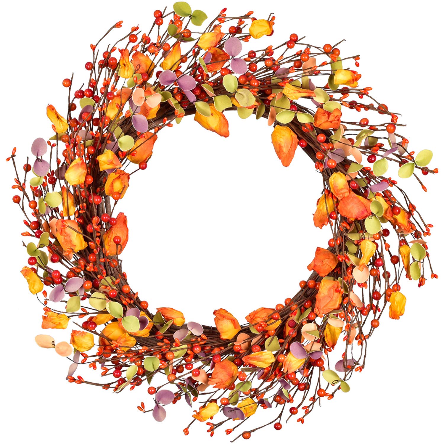 DearHouse Artificial Fall Wreath Red Berry Wreath,Clearance 18 inch Fall Maple Leaf Wreath for Front Door Fall Decorations