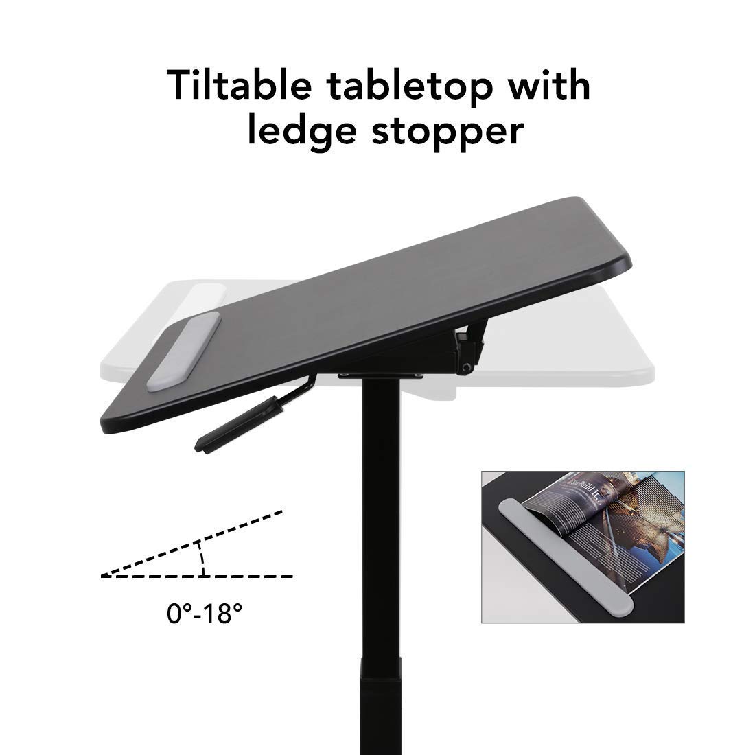FLEXISPOT MT3 Medical Adjustable Overbed Table with Wheels Pneumatic Mobile Standing Desk Laptop Desk Rolling Computer Cart Movable Overbed Table Hospital Home Use (23.6" W x 20.5" D, Black Table)