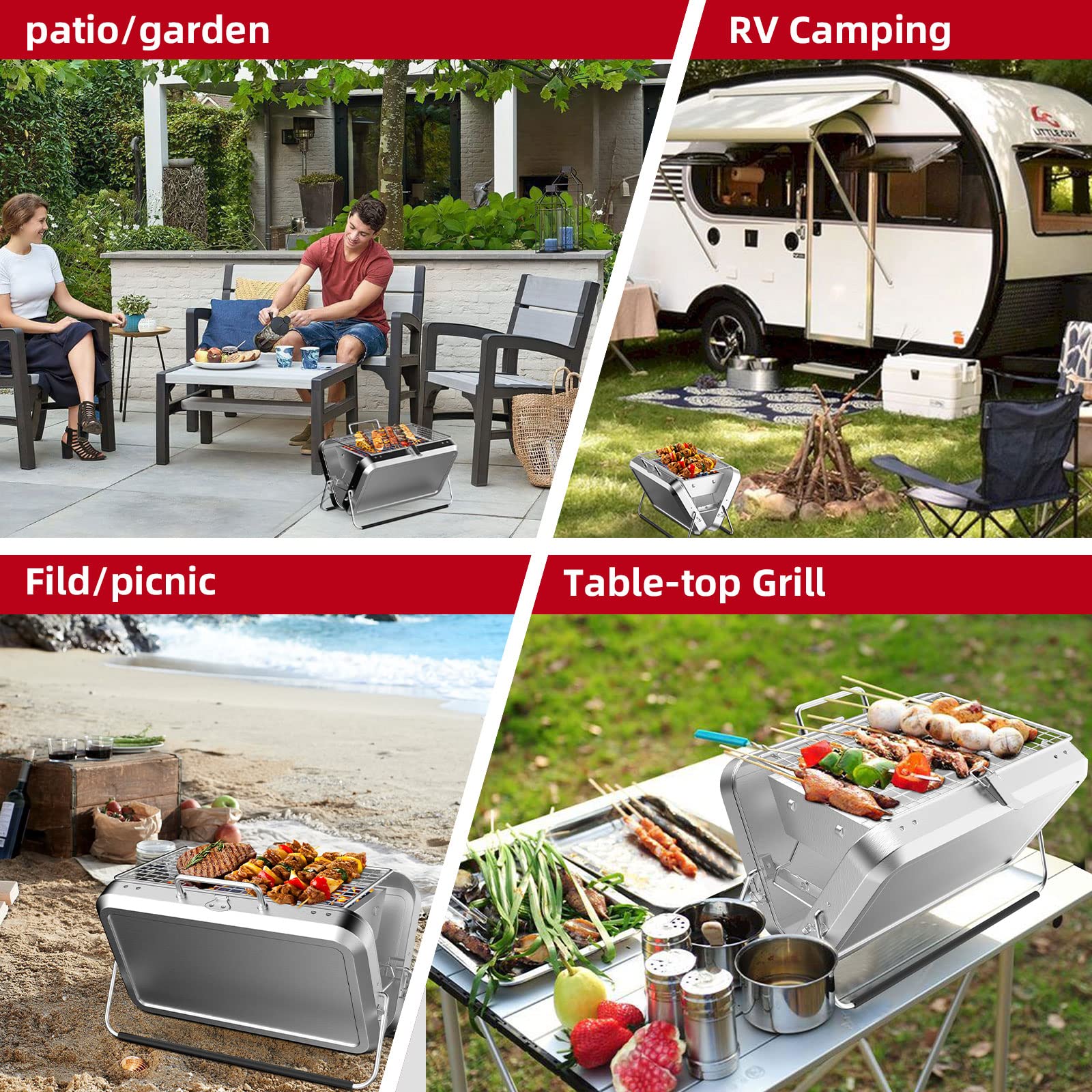 COWEKAI Mini Charcoal Grill, Portable Backpack Stainless Steel BBQ Grill, Table Top Collapsible Barbecue Grill for Small Patio and Backyard, Foldable Outdoor Accessories for Camping, Picnic, Beach