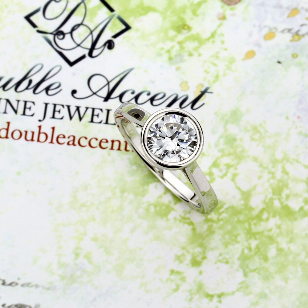 DoubleAccent Platinum Plated Sterling Silver Ring 2 CT Round CZ Stone Bezel Set Solitaire Wedding Engagement Ring (Size 5 to 9), 6