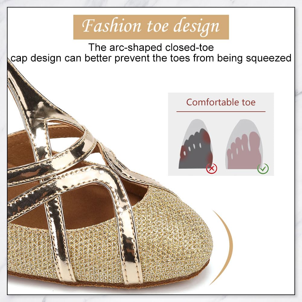 DKZSYIM Glitter Women Latin Dance Shoes Closed Toe Ballroom Salsa Tango Practice Performence Party Dancing Shoes,2040-Gold-3,US 9.5
