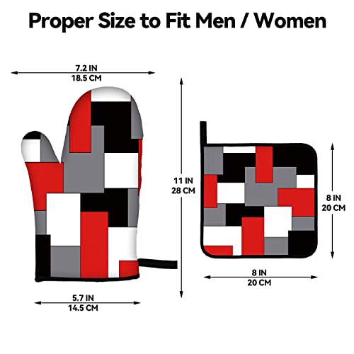 Red Black Grey White Oven Mitts and Pot Holders Sets of 4 Geometric Oven Gloves for Kitchen Baking Cooking Grilling (Red)