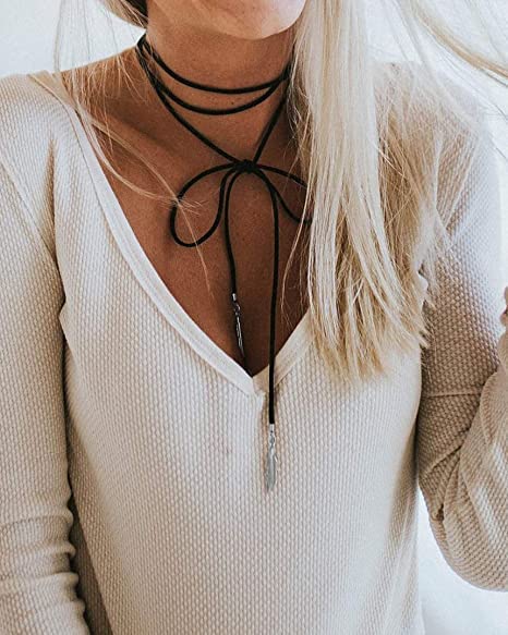 Doubnine Boho Feather Choker Wrap Necklace 2pcs Versatility Vegan Suede Y Lariat Gothic Black Brown Bronze Accessories for Women