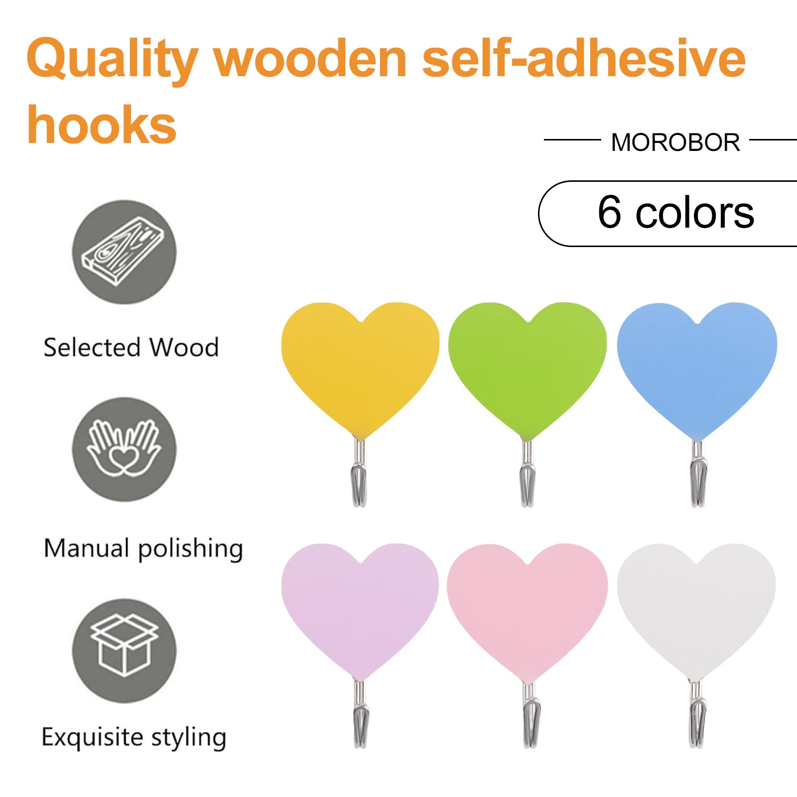 MOROBOR Wood Heart-Shaped Self-Adhesive Hooks, 6pcs Strong Self-Adhesive Wall Hooks for Bathroom Kitchen Office/Mixed Color