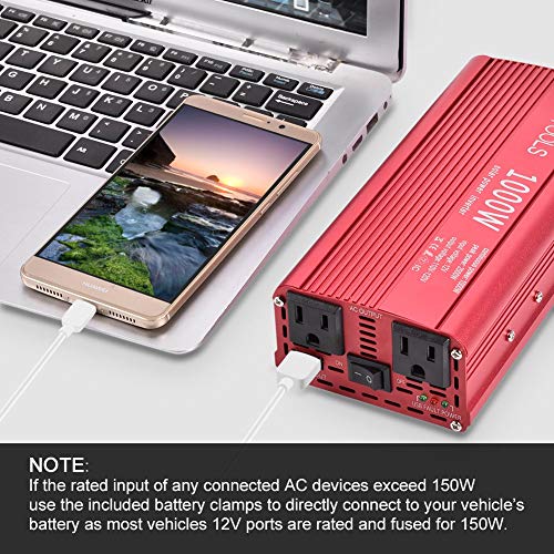 Duokon Inverter Adapter Power Converter, 1000W /2000W Inverter 12V DC to 110V AC Car Converter with 2 AC Out