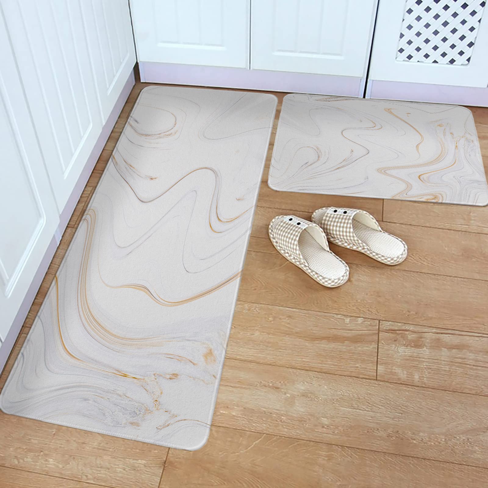 Debedcor Marble Kitchen Rugs and Mats Set of 2, Non-Skid White Bathroom Rugs, Washable Gold and Grey Kitchen Runner Floor Mat for Sink/Laundry Room/Office, 15.7"x23.6"+15.7"x47.2"