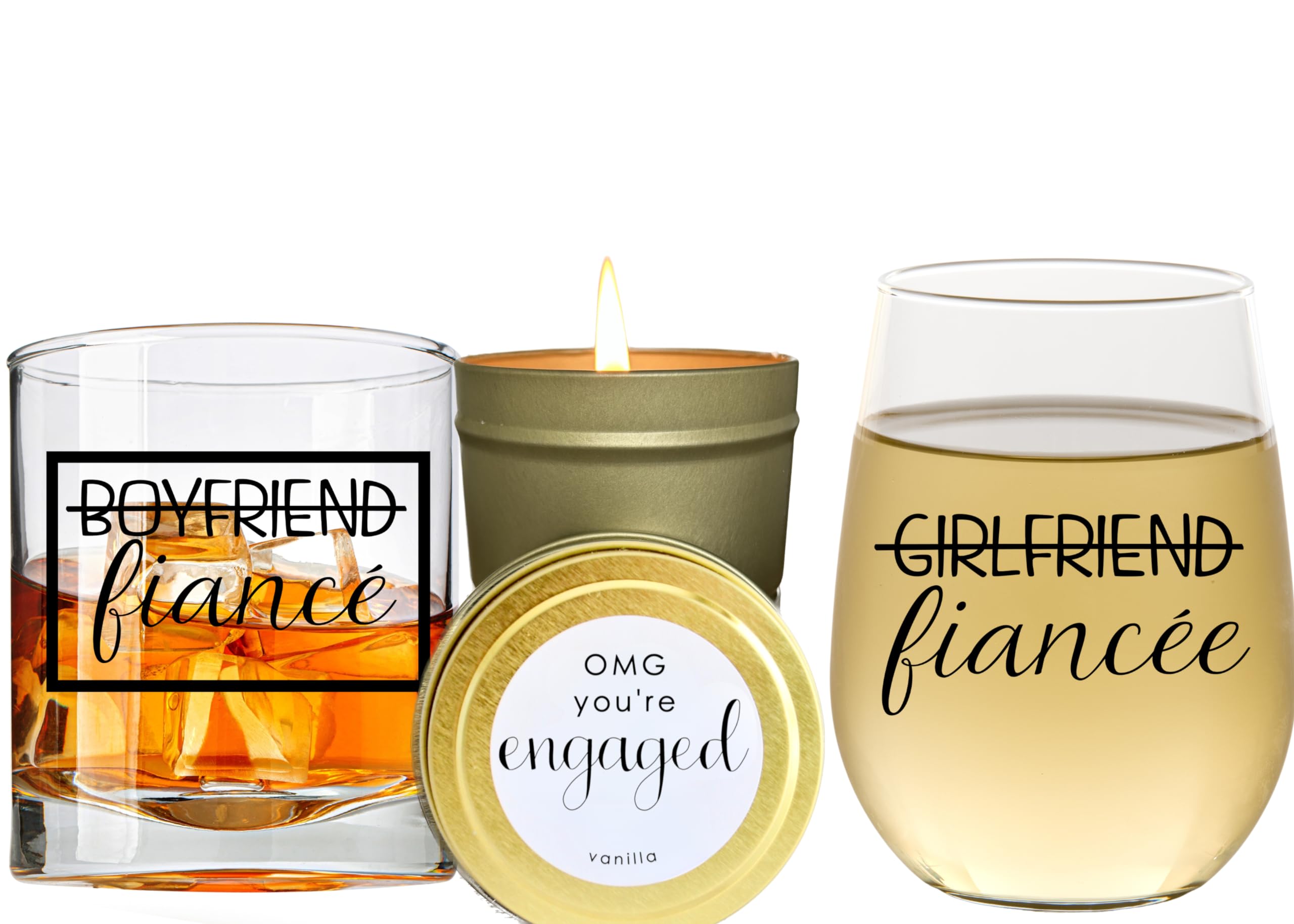 Engagement Gift Set for Couples - Boyfriend and Girlfriend Wine and Whiskey Glass With Candle - Fiance Fiancee Gift for Him and Her - His and Hers With Vanilla Scented Candle For Mr and Mrs