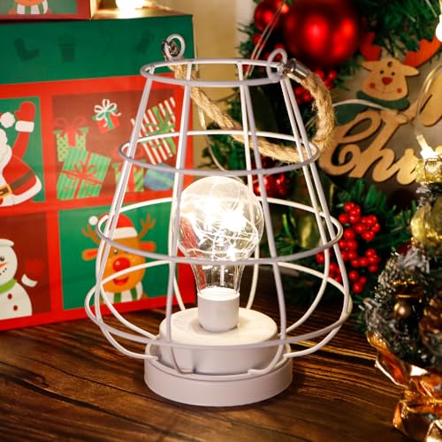 JHY DESIGN Decorative Cage Bulb Lamp Battery Powered Lights 8.5" Tall Cordless Accent Light with Edsion Style Bulb Great for Weddings Parties Patio Events for Indoors Outdoors(White)