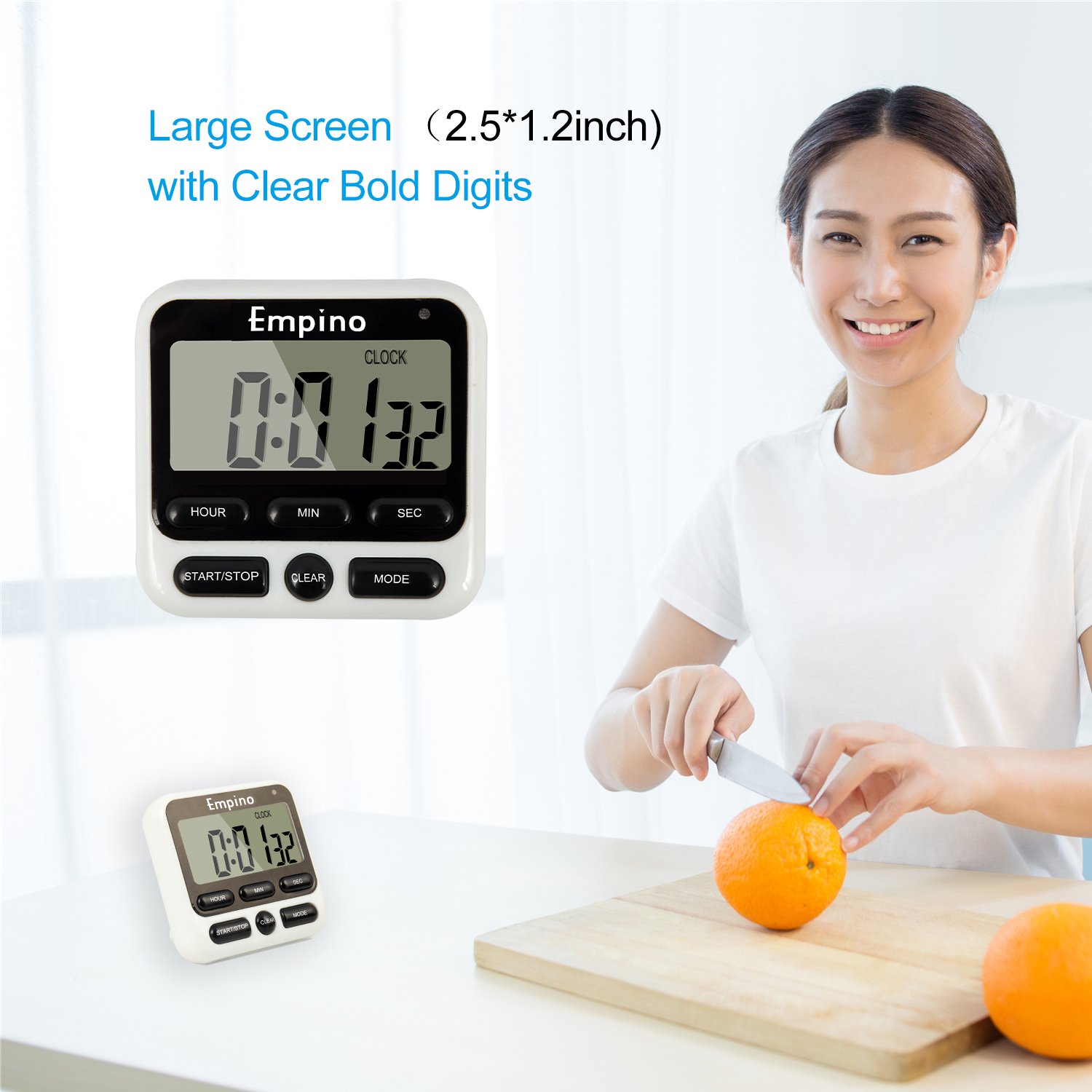 Digital Kitchen Timer - Empino Upgraded 24-Hours Cooking Timer Clock Countdown Multifunction with Big Digits, Loud Alarm, Magnetic Backing Stand, and Memory for Cooking Baking Exercise, White