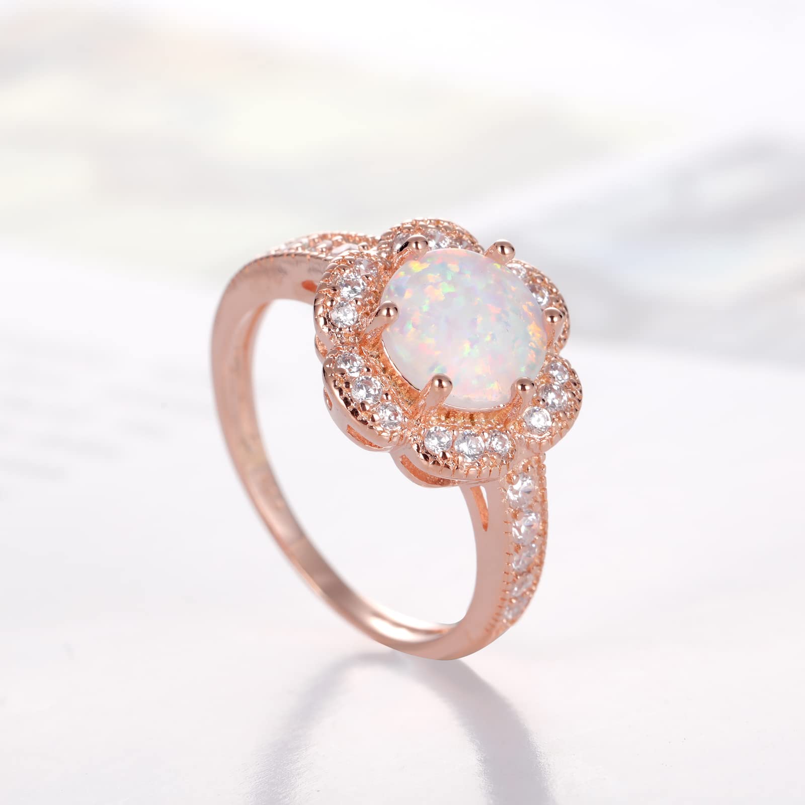 FEELDAN Rose Gold Plated Cubic Zirconia & Fire Opal Prong Setting Birthstone Rings
