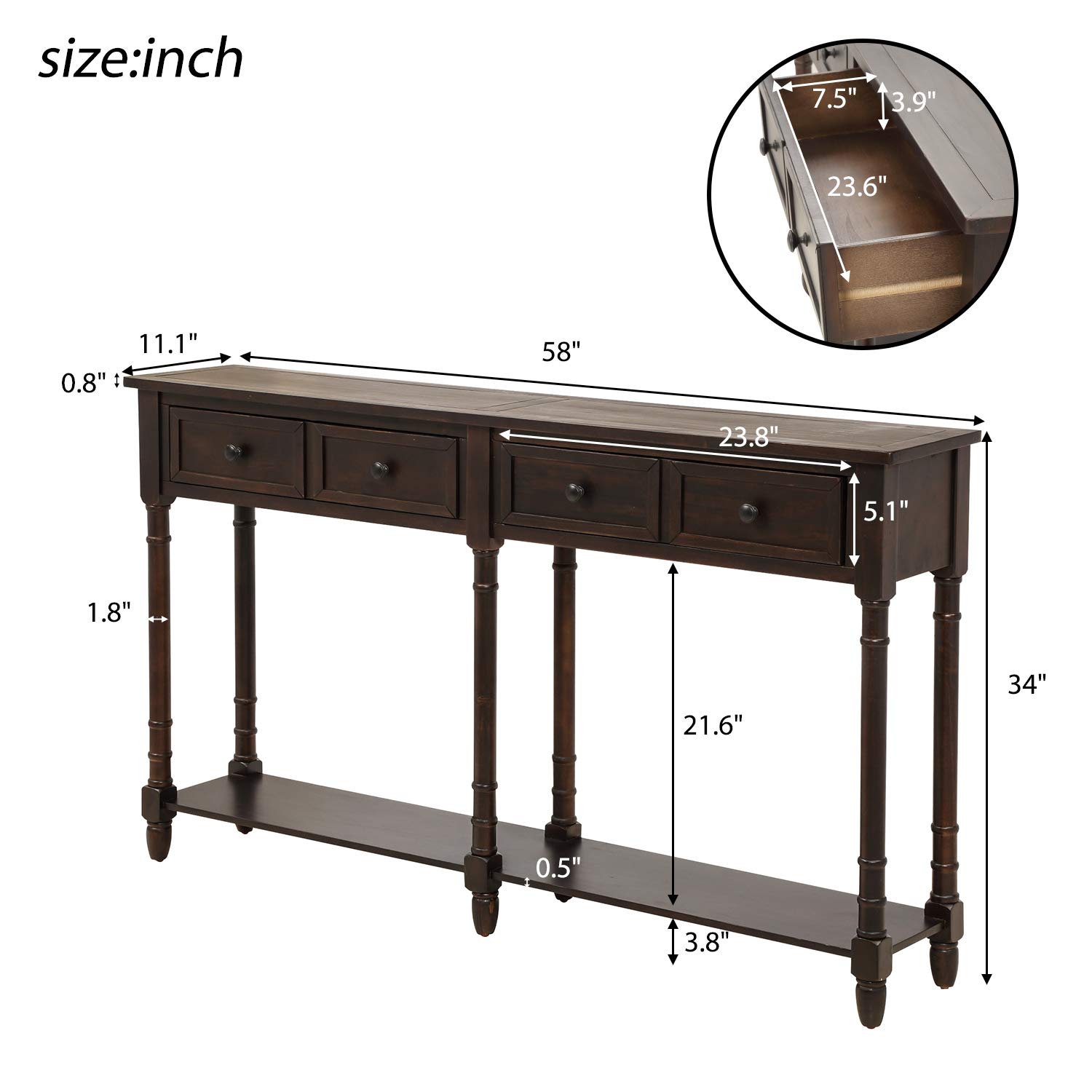 P PURLOVE Wood Slim Console Table with Drawer 58 Inch Long Sofa Table with Bottom Shelf for Living Room Bedroom Hallway Entryway