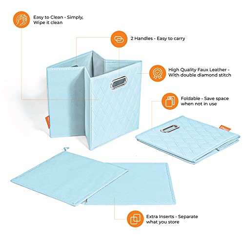 JIAessentials Medium 12-inch Blue Foldable Diamond Patterned Faux Leather Storage Cube Bins Set of Four with Handles with Dual Handles for living room, bedroom and office storage