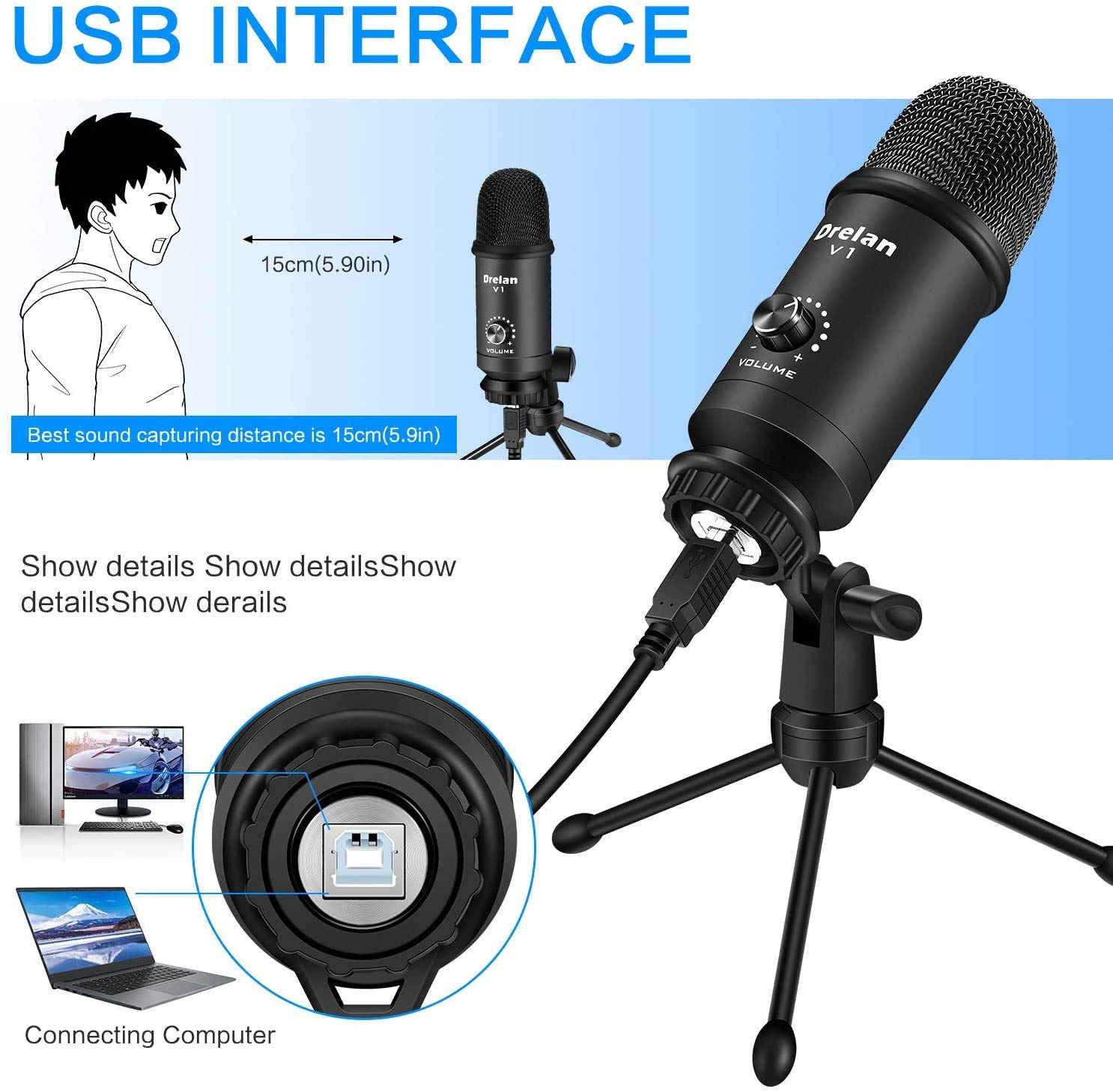 Drelan USB Microphone, Condenser Desktop Computer Mic 192KHZ/24BIT Plug & Play with Professional Sound Chipset, for PC Voice Recording,Podcasting,Skype,YouTube,Games,Google Voice Search (V-1)