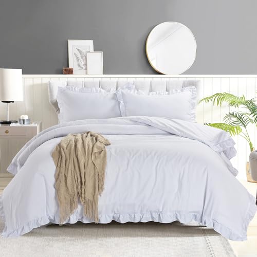 Tyfitb 100% Washed Cotton Duvet Cover Set, 3 Pieces Linen Feel Textured Soft Comfortable Breathable Bedding Set with Button Closure and Ruffled Fringe for All Season, Solid White, King, No Comforter