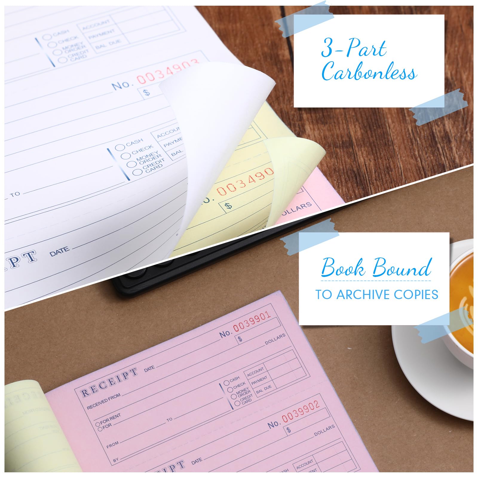 Crtiin 6 Books Money and Rent Receipt Book 3 Part Carbonless Receipt Book, 7-5/8" x 10-7/8", Bound Cover Receipt Log Book 100 Sets Per Book 4 Receipts Per Page