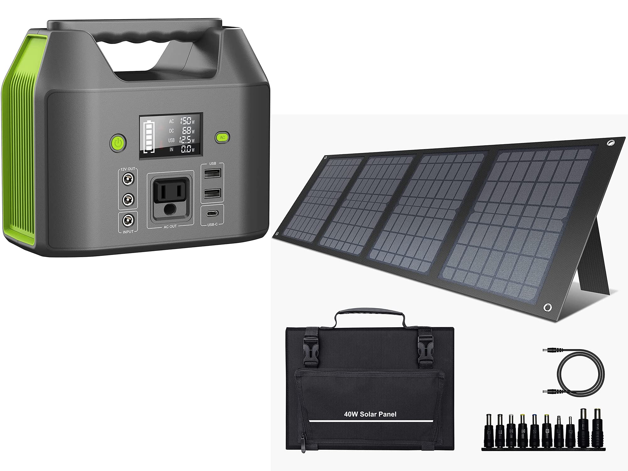 EnginStar Portable Power Station 150W 155Wh,40W Solar Panel, Power Bank with 110V AC Outlet, Foldable Solar Panel for Portable Power Station, 6 Outputs External Battery Pack with LED Light,QC3.0 USB