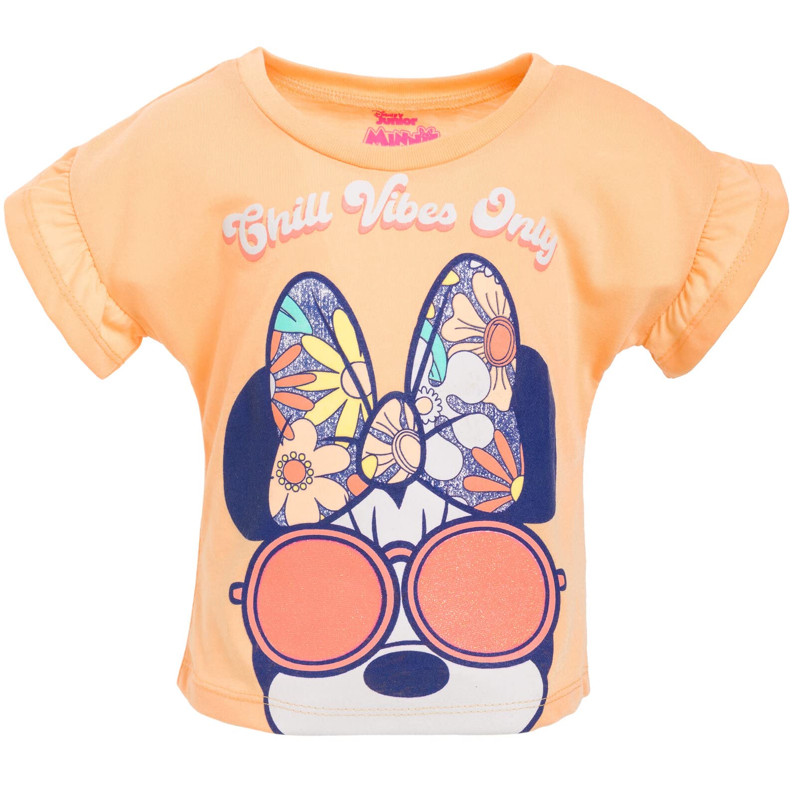 Disney Minnie Mouse Little Girls T-Shirt and Chambray Shorts Outfit Set Orange/Blue 7-8