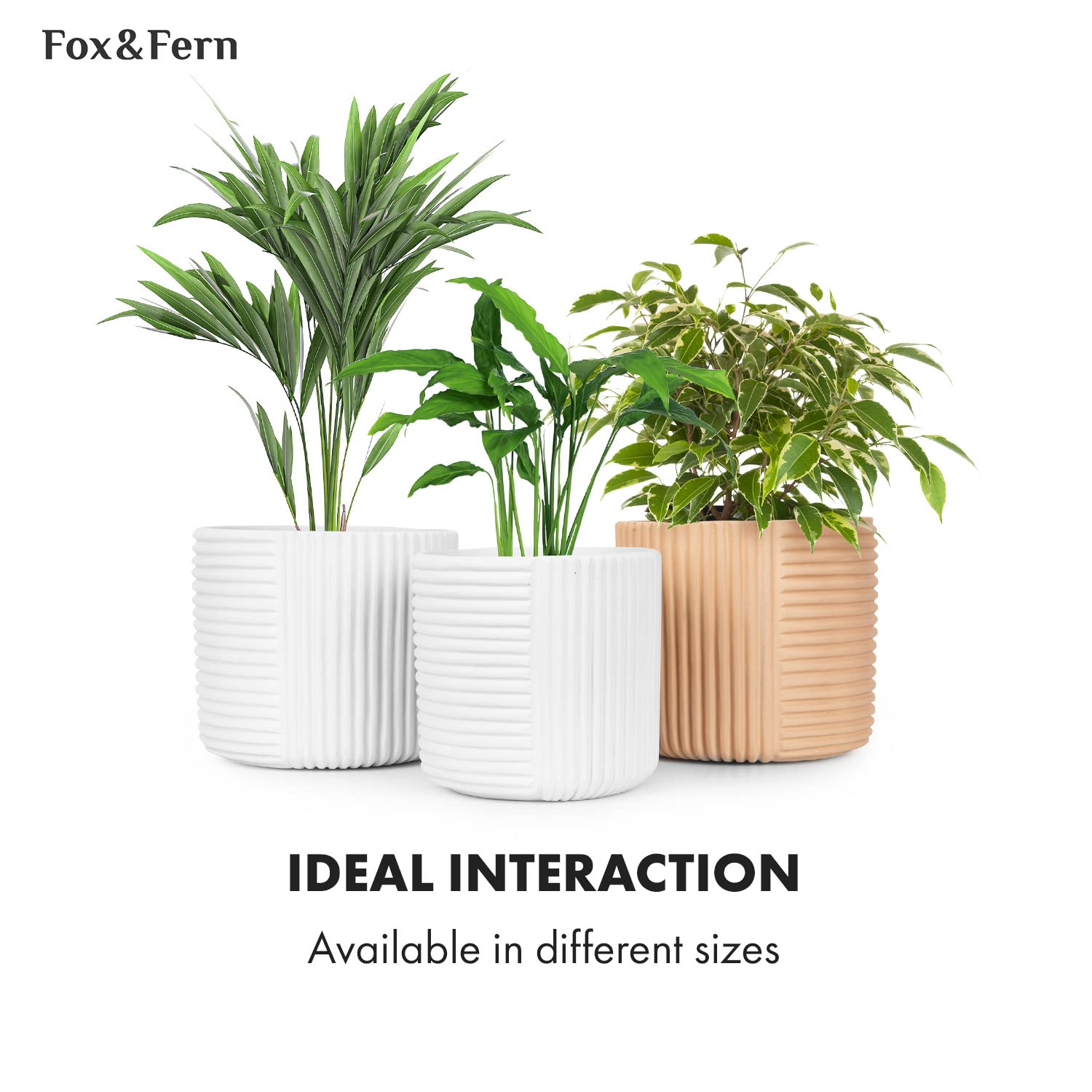 Fox & Fern Flower Pot, 12 Inch Plant Pots Indoor, 12 Inch Planters for Indoor Plants, 12 Inch Pots for Plants - 3D Line Texture - Polystone - Including Drainage Plug – Sand Finish - 12 Inch Planter