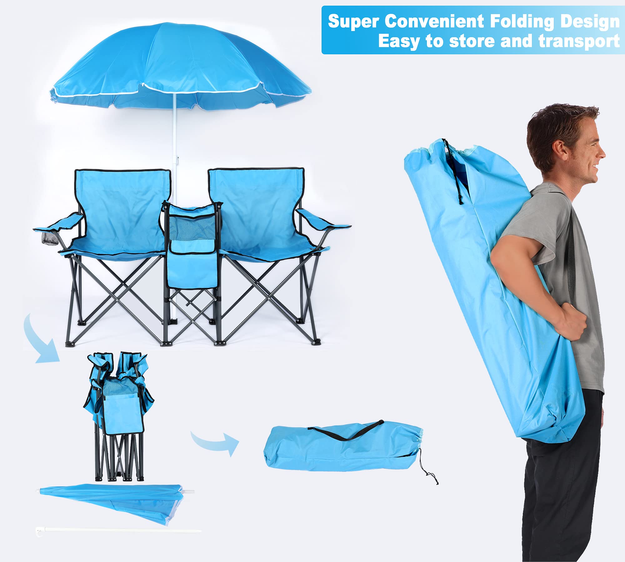 DOALBUN Double Portable Picnic Chair Folding Camping Chair W/Umbrella Table Beverage Holder Carrying Bag Cooler Fold Up Table for Patio Pool Park Outdoor Beach Camping Chair (Blue)