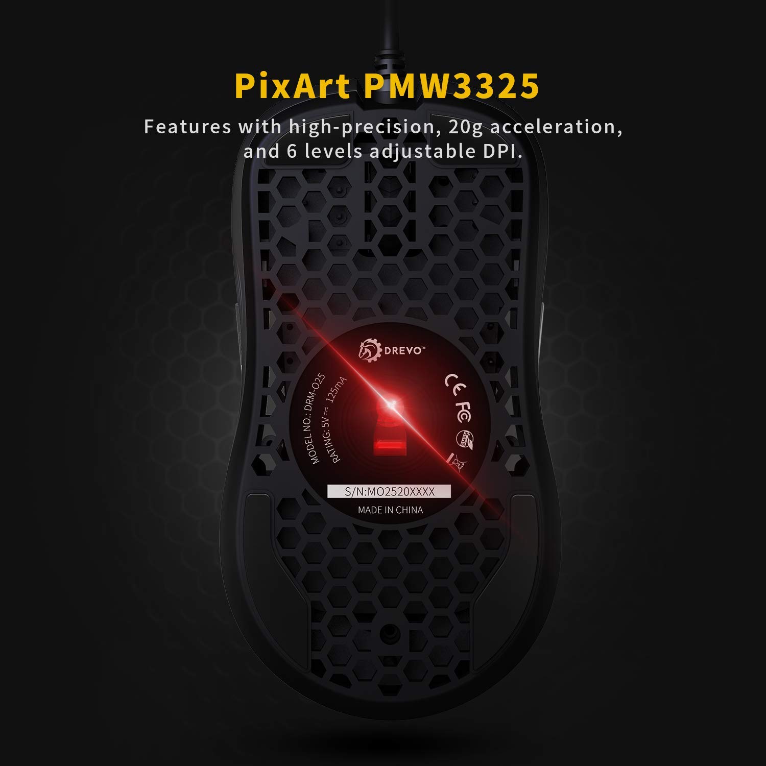 DREVO Owlet Wired RGB Lightweight Gaming Mouse, PixArt PMW3325 Max 10000 DPI, Ambidextrous Design for Left&Right Hand, 8 Programmable Buttons, Honeycomb Shell with Ultra-Weave Cable