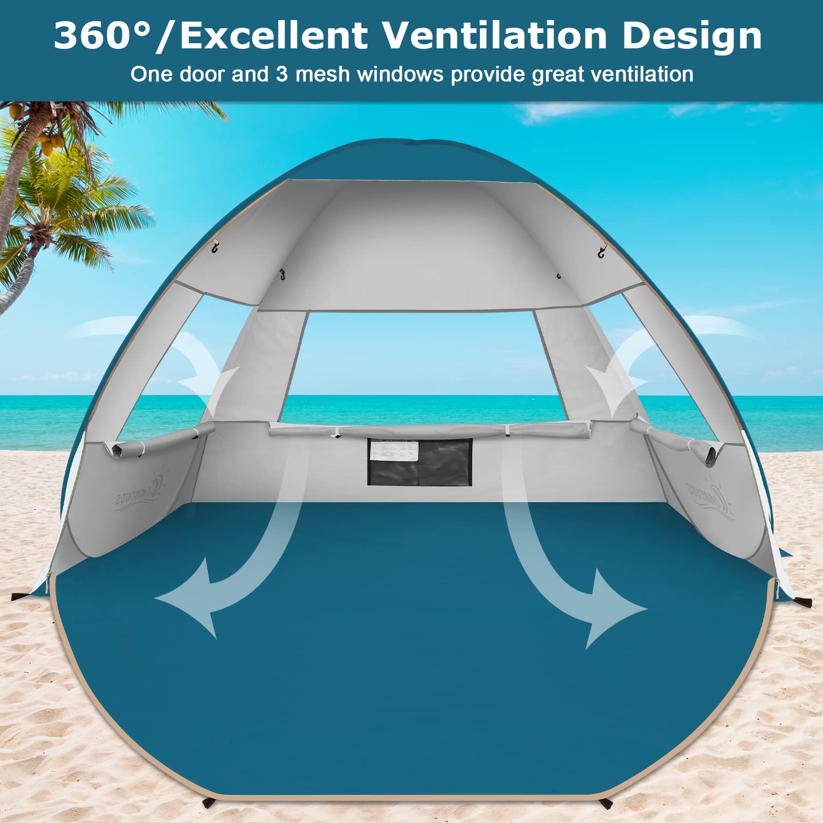 COMMOUDS Large Pop Up Beach Tent for 3-4 Person, UPF 50+ Beach Sun Shade, Automatic Beach Sun Shelter Umbrella with Carry Bag, Lightweight and Easy Set Up