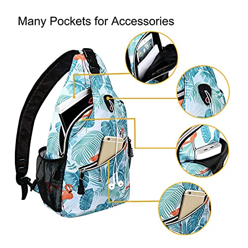 MOSISO Sling Backpack,Travel Hiking Daypack Pattern Rope Crossbody Shoulder Bag, Flamingo&Spacewalking Astronauts
