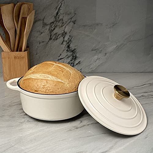 Lexi Home Cast Iron Enameled Dutch Oven Pot with Lid 6 qt, Sauce Pan, Pasta Server, Stove Top Pot, Dish for Sourdough Bread, Slow Cooking Chicken, Soup & More, Kitchen Cookware - Cream