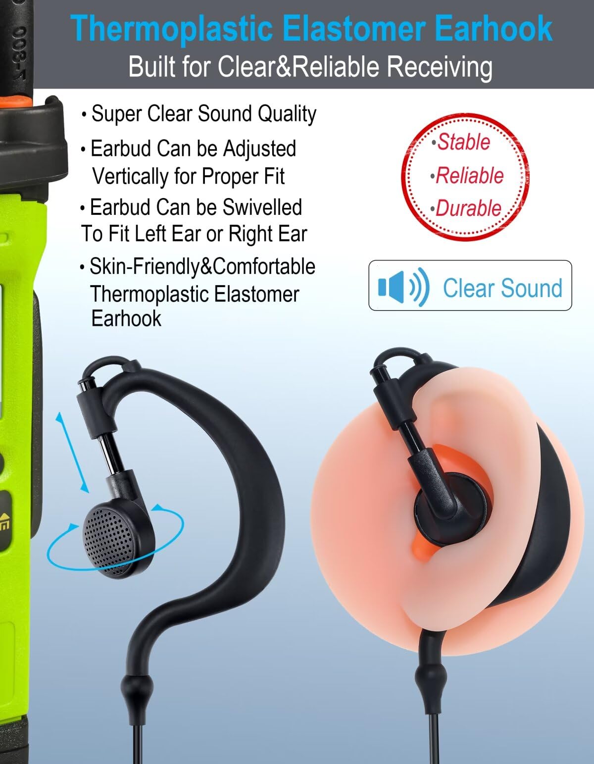 commountain Walkie Talkies Earpiece with Mic Compatible for Baofeng Radio BF-F8HP UV-82 UV-82HP UV-82C UV-5R UV-5X3 and Kenwood TK NX SAMCOM BTECH Retevis Radios, G-Shape Earhook Headset, 2 Pin Style