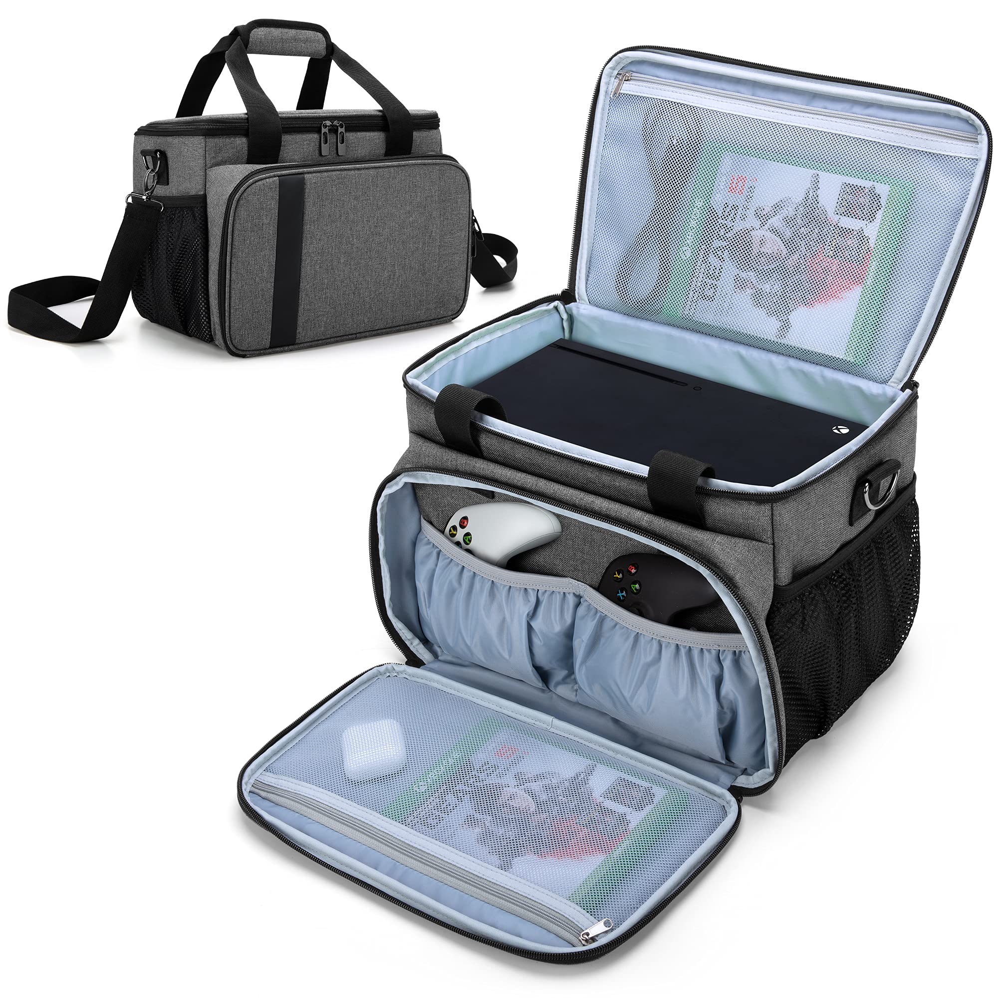 CURMIO Carrying Case Compatible with Xbox Series X Game Console and Accessories, Portable Carrying Bag with Shoulder Strap for Controllers, Cables, Headsets, Ideal for Game Player, Bag Only, Grey