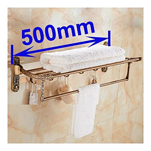 Mostwhip Bathroom Rack Towel Rail Rack Aluminum Foldable Antique Brass Bath Towel Rack, Bathroom Towel Holder, Double Towel Shelf with Hooks Bathroom Accessories for Kitchen Bathroom Decor, 50cm