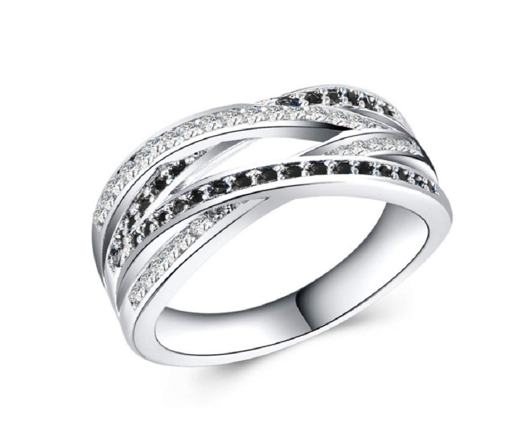 DOCCESTU 925 Silver Jewelry Black & White Sapphire Two Tone Black and White Pave Cubic Zirconia CZ Criss-Cross X Band Ring Size 6-10 (US Code 7)