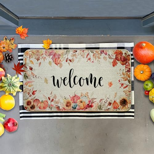 Voanos Fall Welcome Door Mat,Autumn Maple Leafs Pumpkins Theme Outdoor Entrance Doormat Non-Slip Rubber Matt for Indoor Fall Decor 17 x 30 Inch