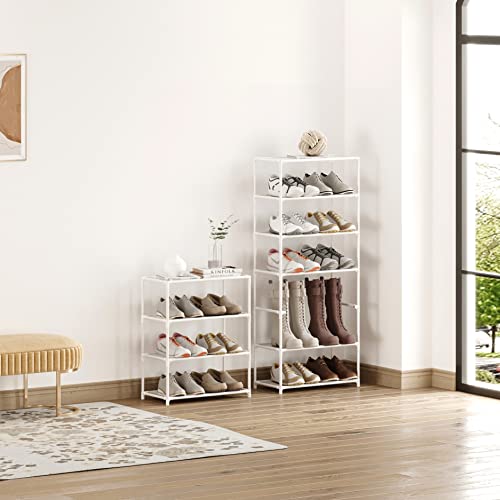 Vockot Small Shoe Rack 6-8 Pairs Sturdy Shoe Shelf 4-Tiers Narrow Stackable Shoe Organizer,Lightweight Kids Shoe Racks for Entryway, Doorway and Closet(White)