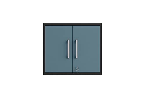 Manhattan Comfort Eiffel 2-Piece Storage Garage Set in Matte Black and Aqua Blue