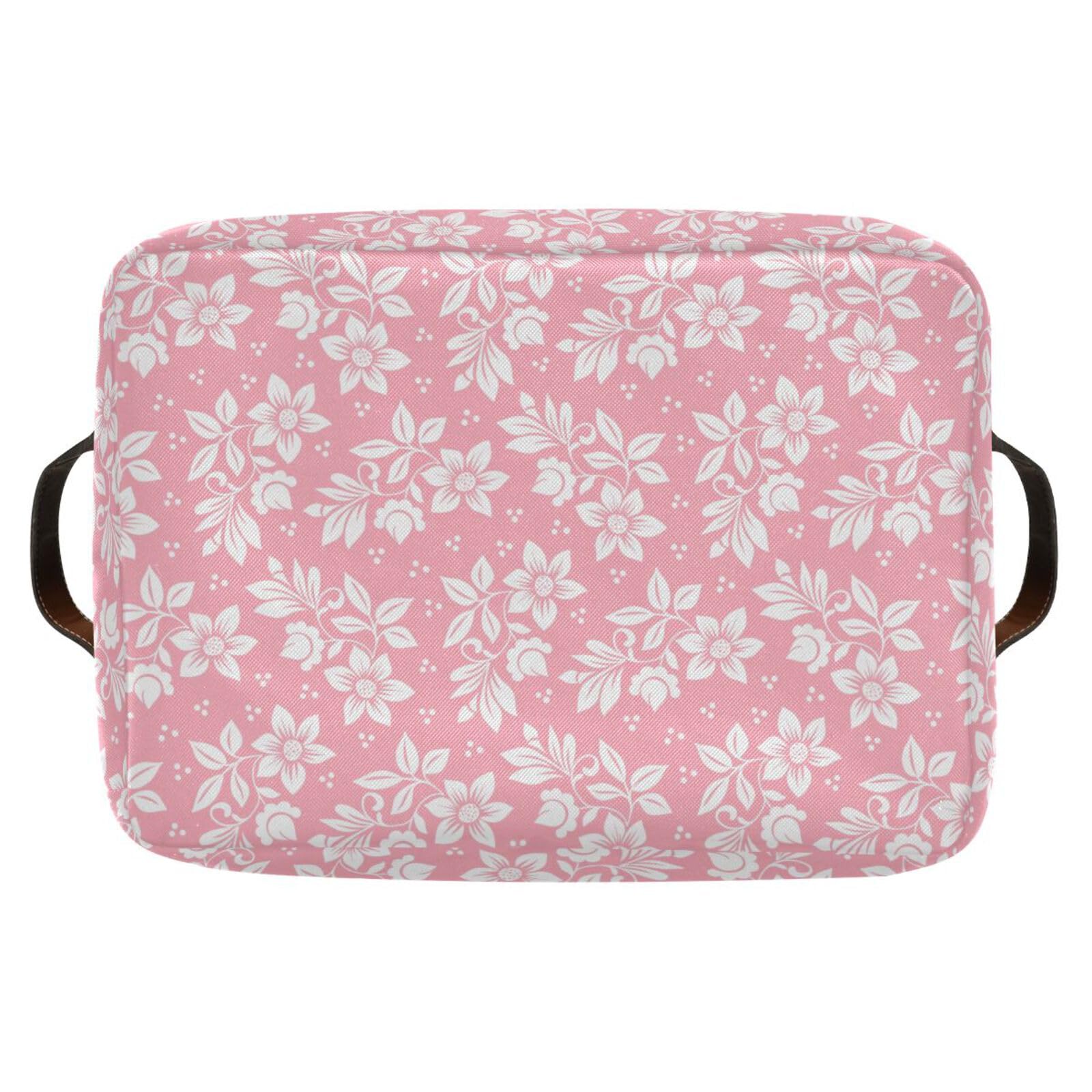 NFMILI Floral Pink and White Storage Basket, Fabric Storage Cubes Bins, Open Home Storage Bins with Handles, Foldable Cubes Closet Organizer Boxes 14.2 x 10.2 x 8.3 in (Large - 2 Pack)